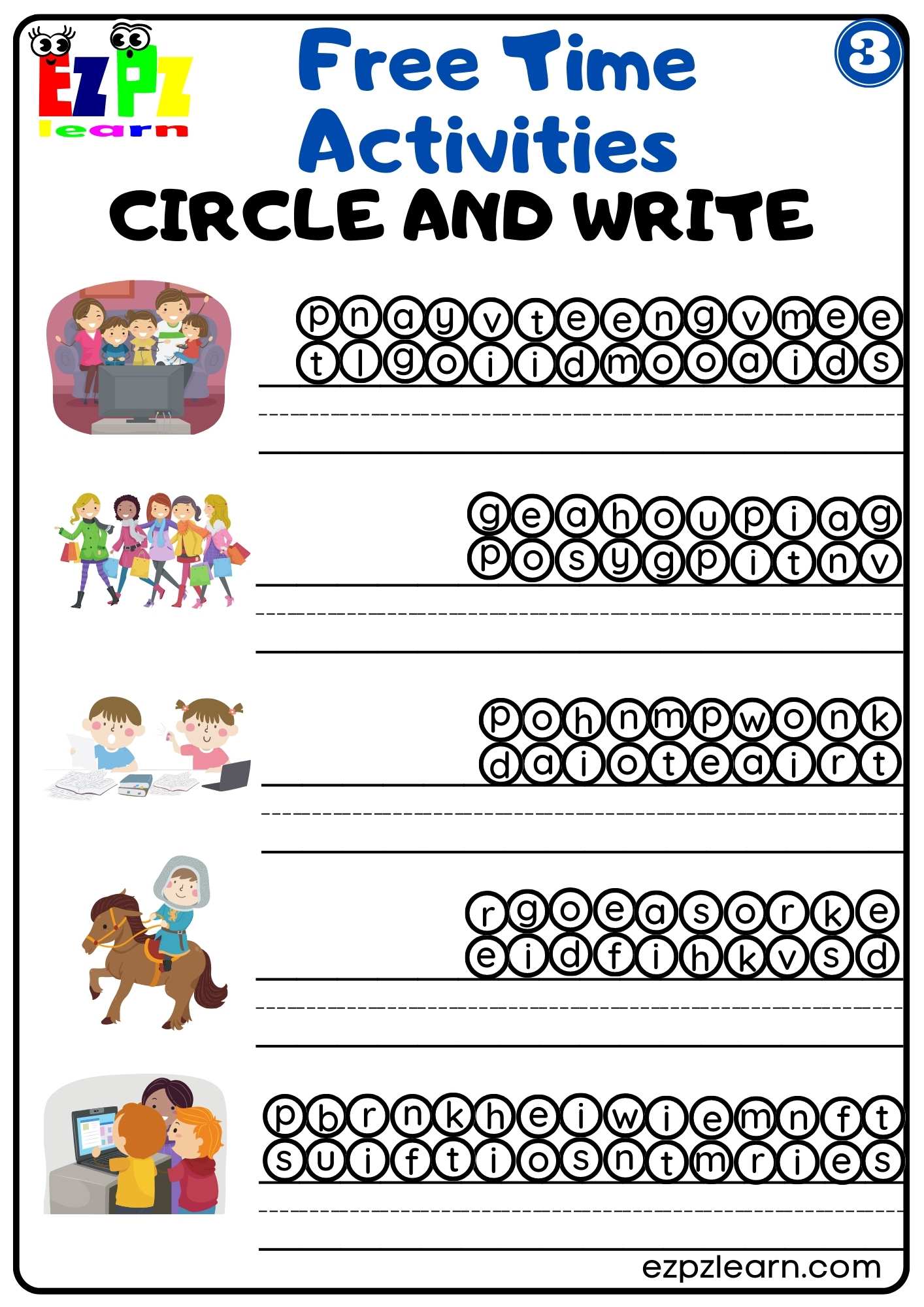 Circle and Write Worksheet for ESL and K5 Students PDF Download Free Time Activities Topic G3 ...